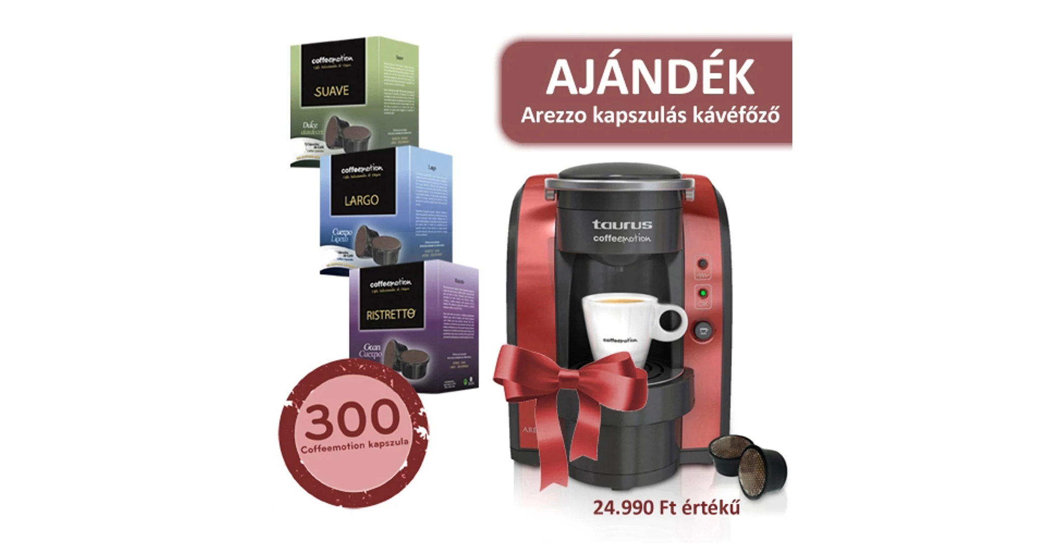 Coffeemotion 300 kapszula + AJÁNDÉK Taurus Arezzo kapszulás kávéfőző